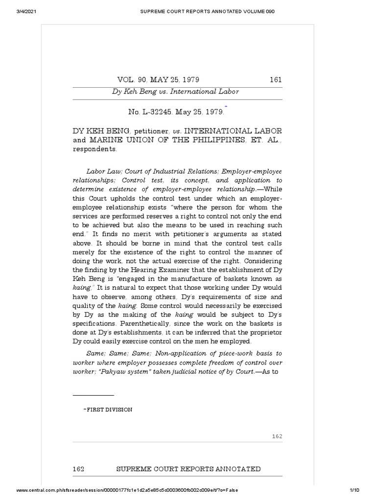 DyKehBeng v. International Labor, 90 SCRA 161 - Employer Employee ...