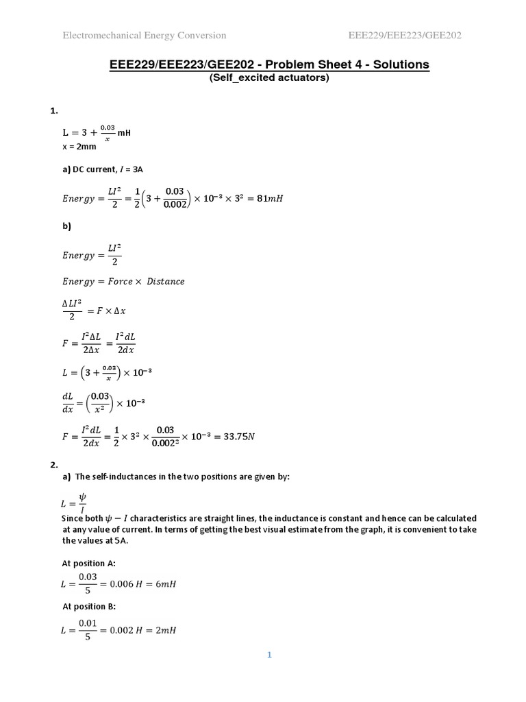 EEE229 EEE223 GEE202 Problem Sheet 4 Self Excited Actuators Solutions | PDF | Inductance ...