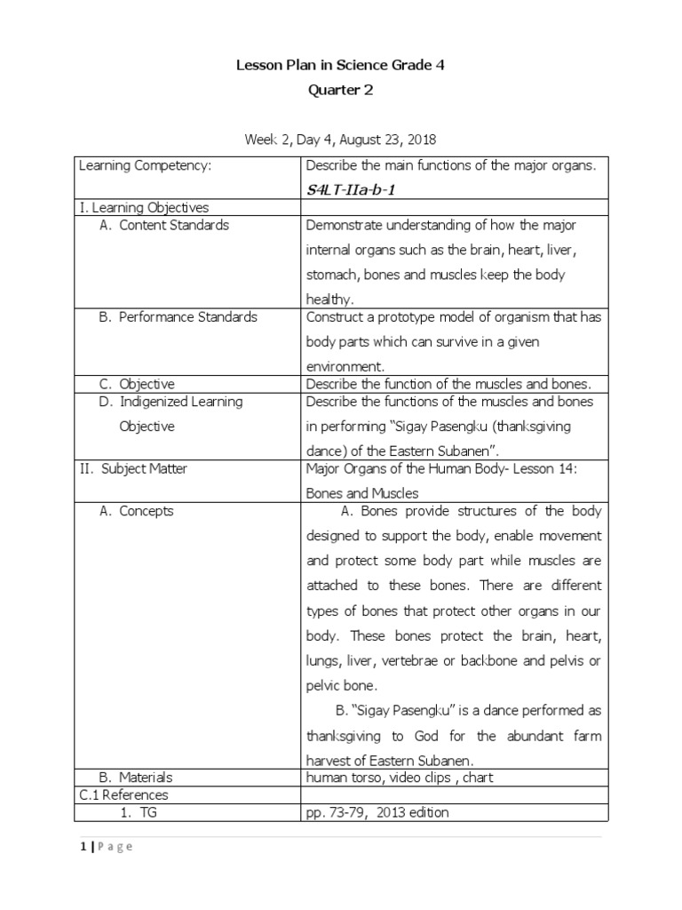 Lesson Plan in Science Grade 4 Quarter 2 | PDF | Learning | Pelvis