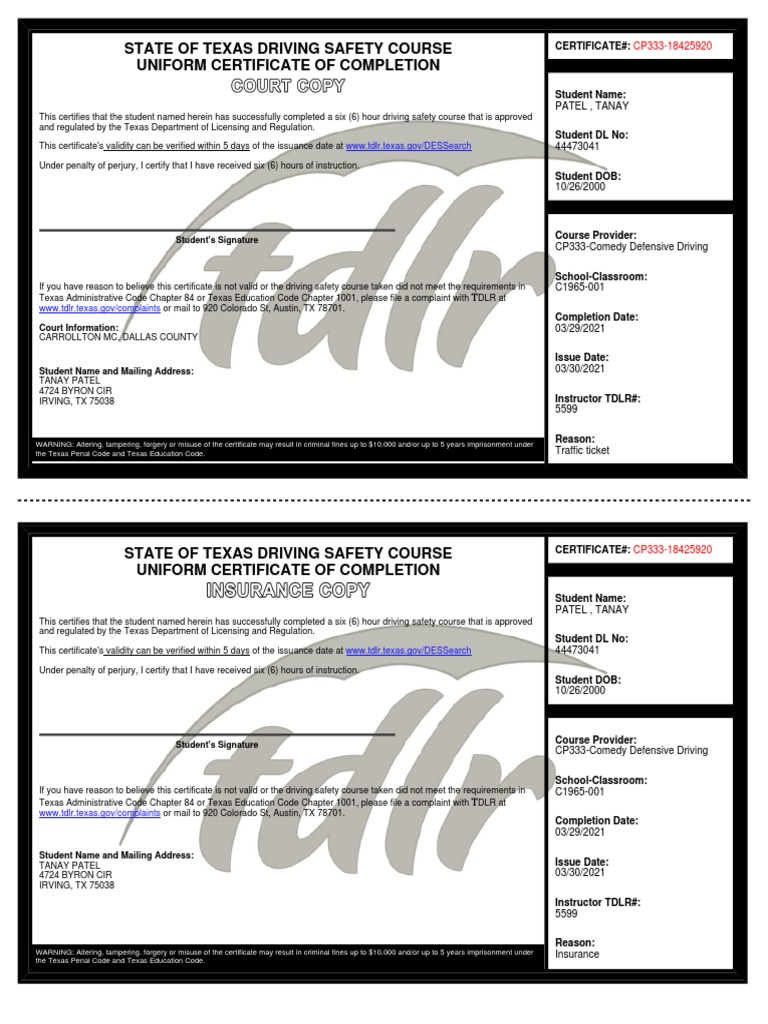 State of Texas Driving Safety Course Uniform Certificate of Completion ...