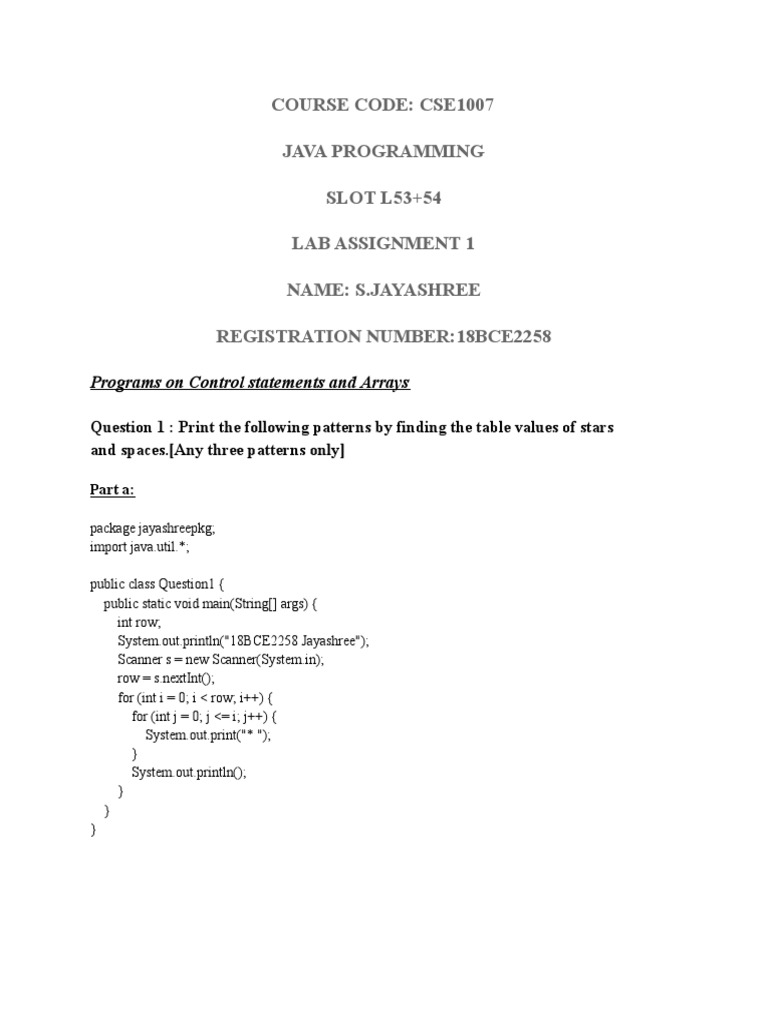 Course Code: Cse1007 Java Programming SLOT L53+54 Lab Assignment 1 Name ...