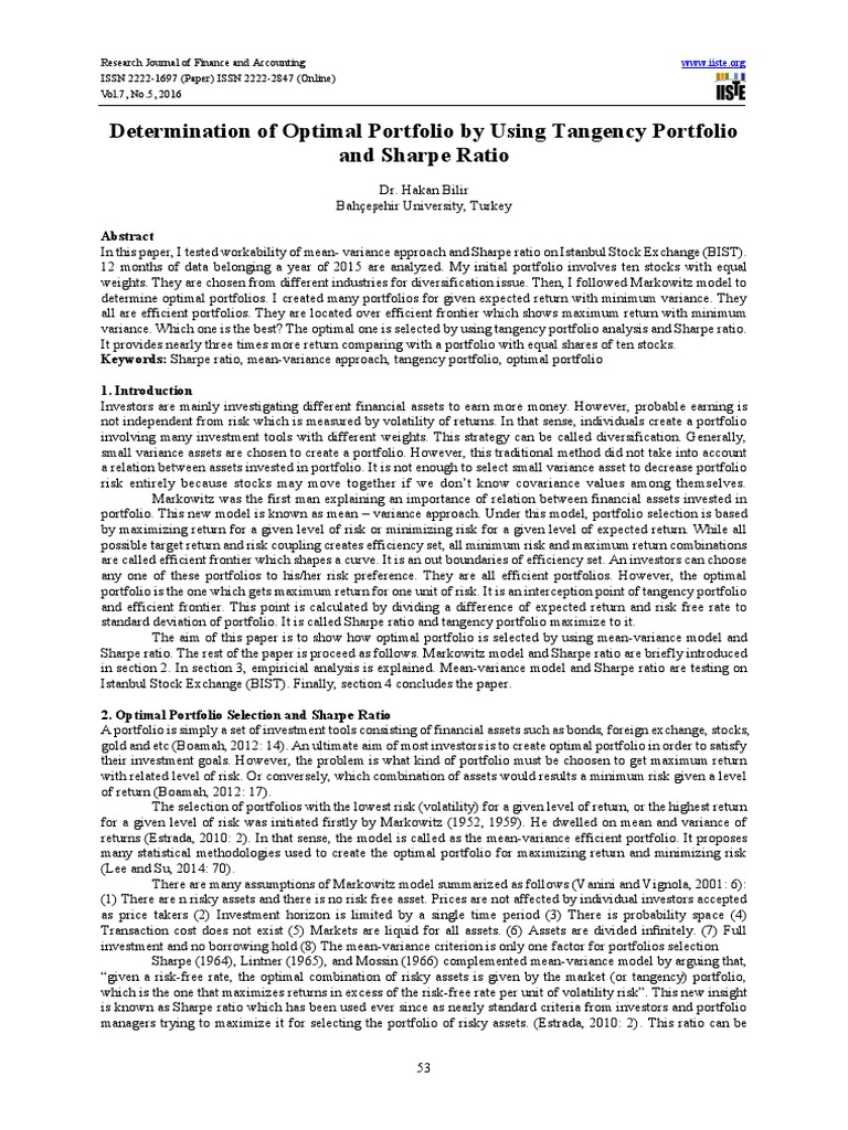 Determination of Optimal Portfolio by Using Tangency Portfolio and ...