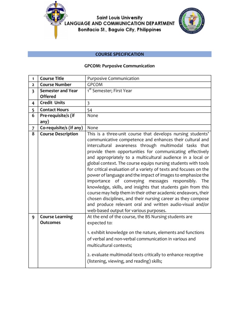 Sample Course Specification | PDF | Communication | Nonverbal Communication