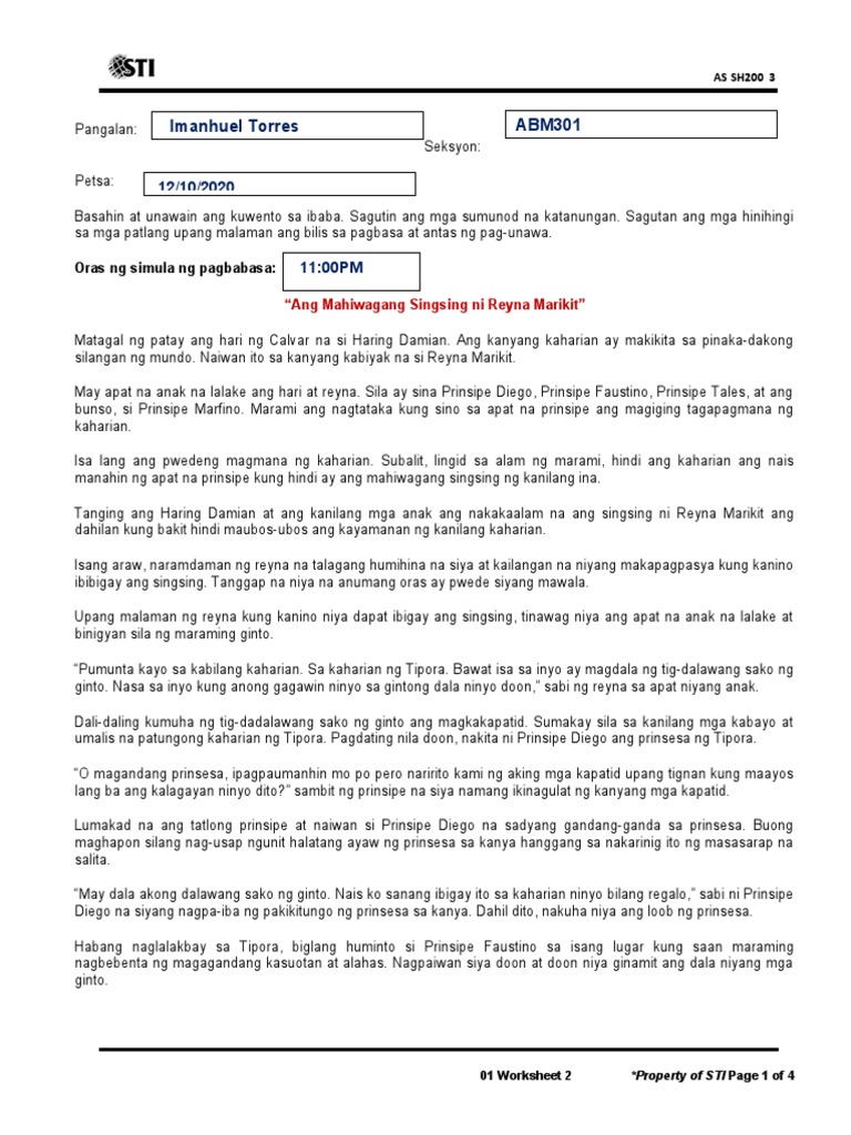 Torres Ang Mahiwagang Singsing Ni Reyna Marikit | PDF