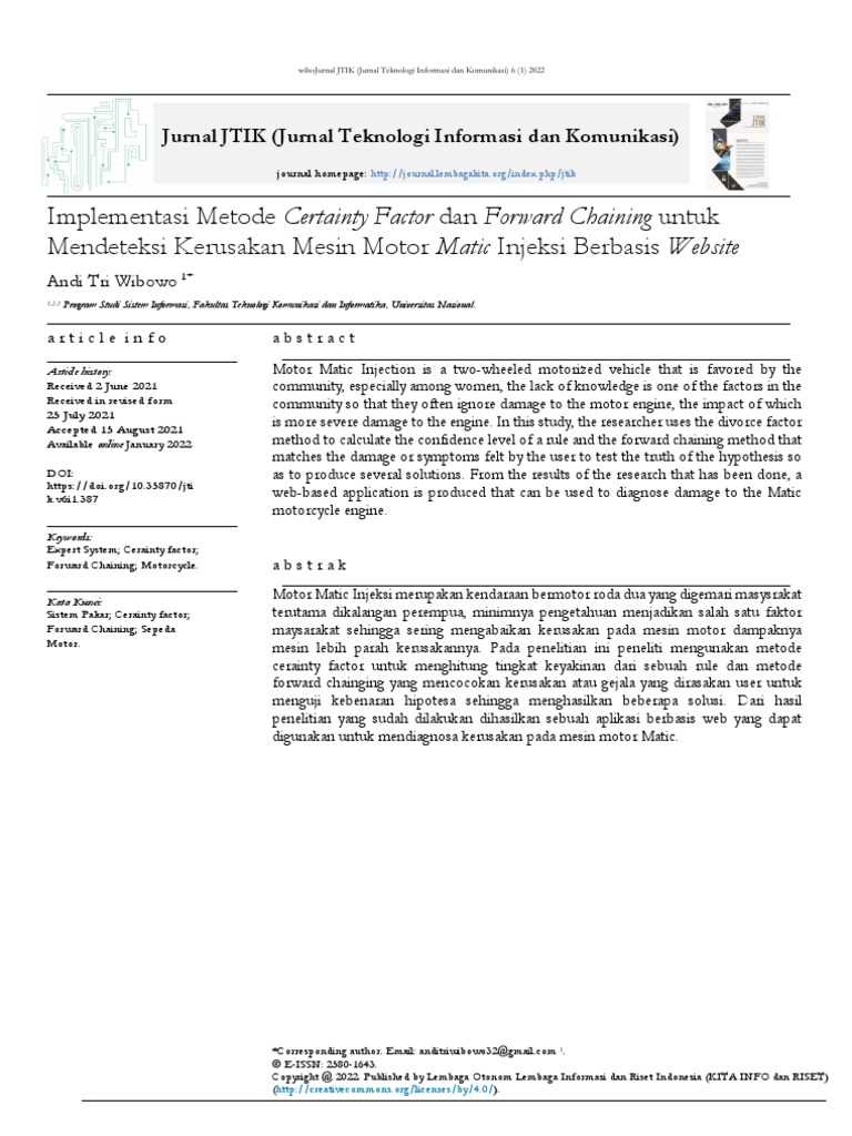 Implementasi Metode Certainty Factor Dan Forward Chaining Untuk Mendeteksi Kerusakan Mesin Motor ...