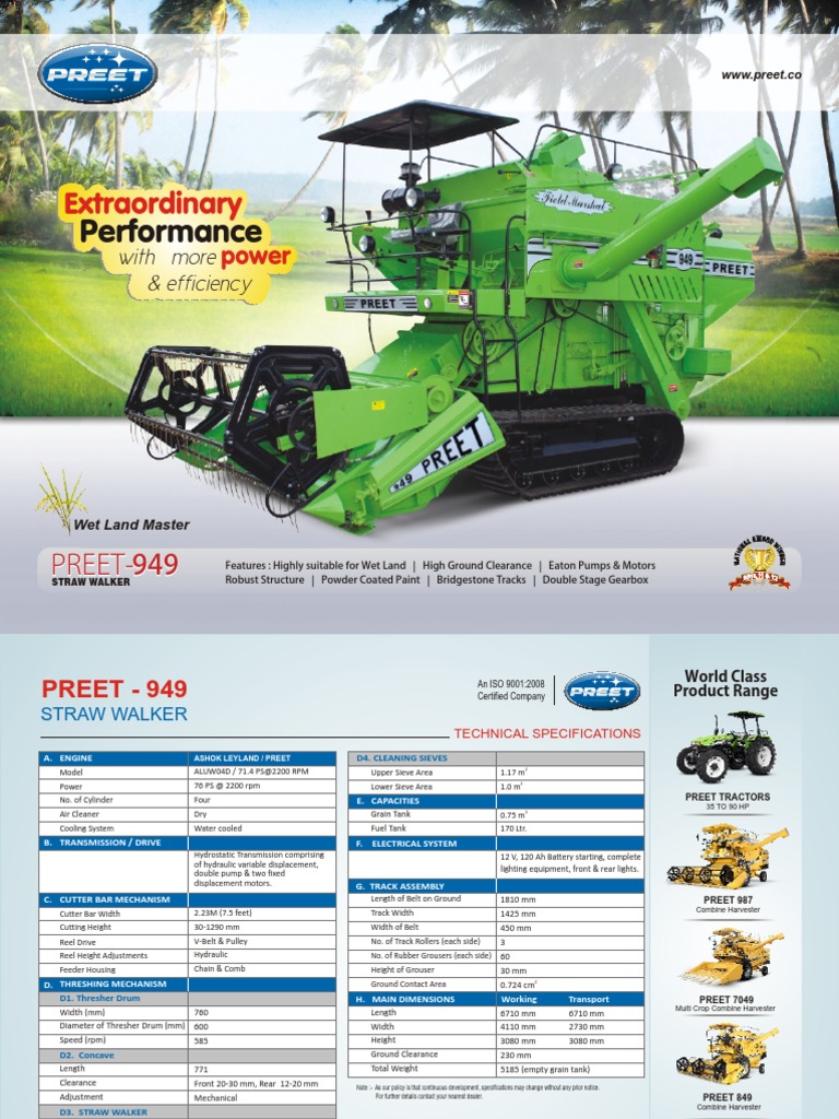 Preet 949 Track Combine Harvester | PDF | Manufactured Goods ...