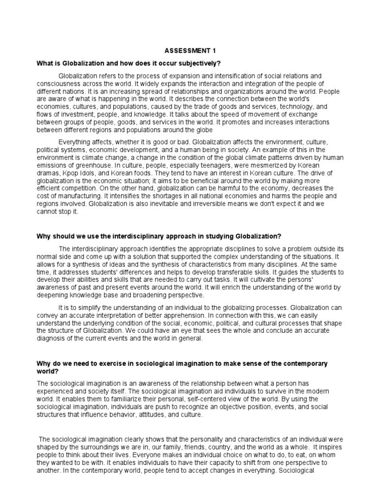 Assessment 1 What Is Globalization and How Does It Occur Subjectively ...