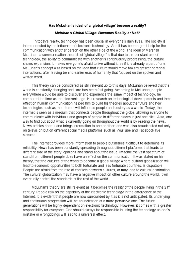 Mcluhan's Global Village, Becomes Reality or Not | PDF | Communication ...