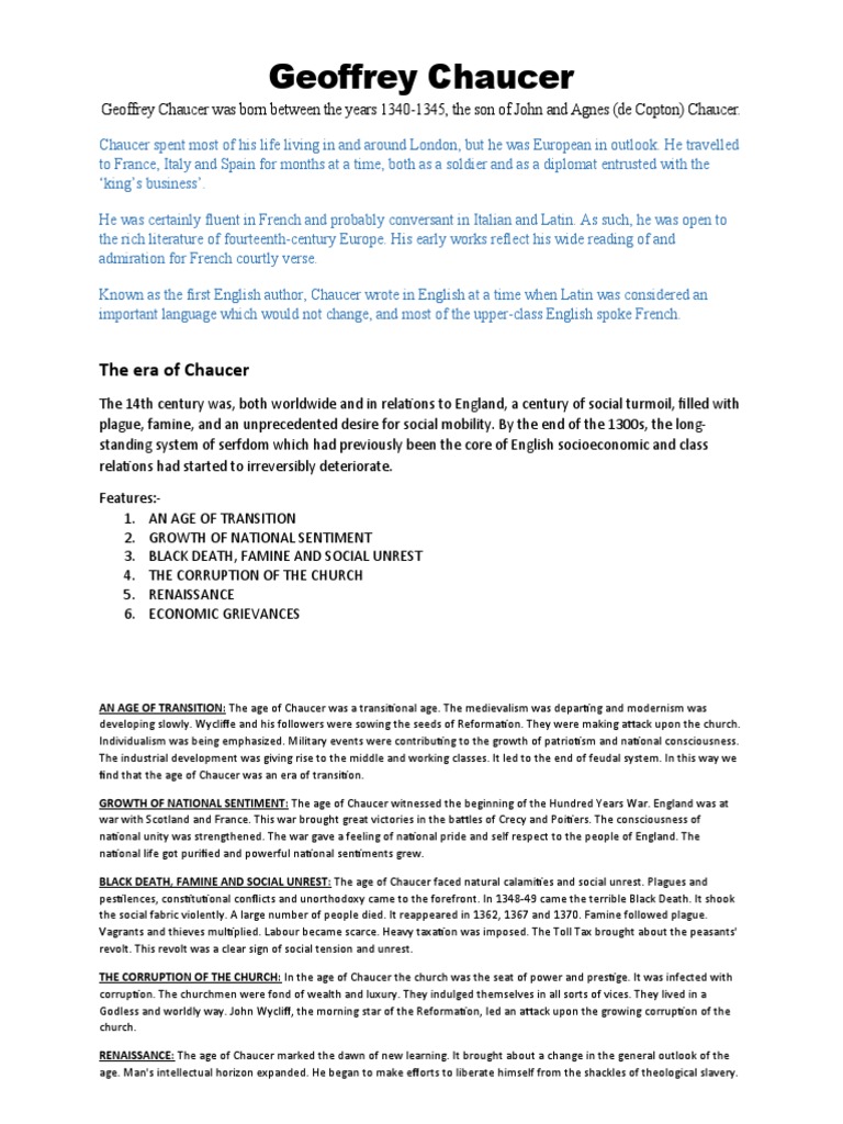 Geoffrey Chaucer: Father of English Literature | PDF | The Canterbury ...