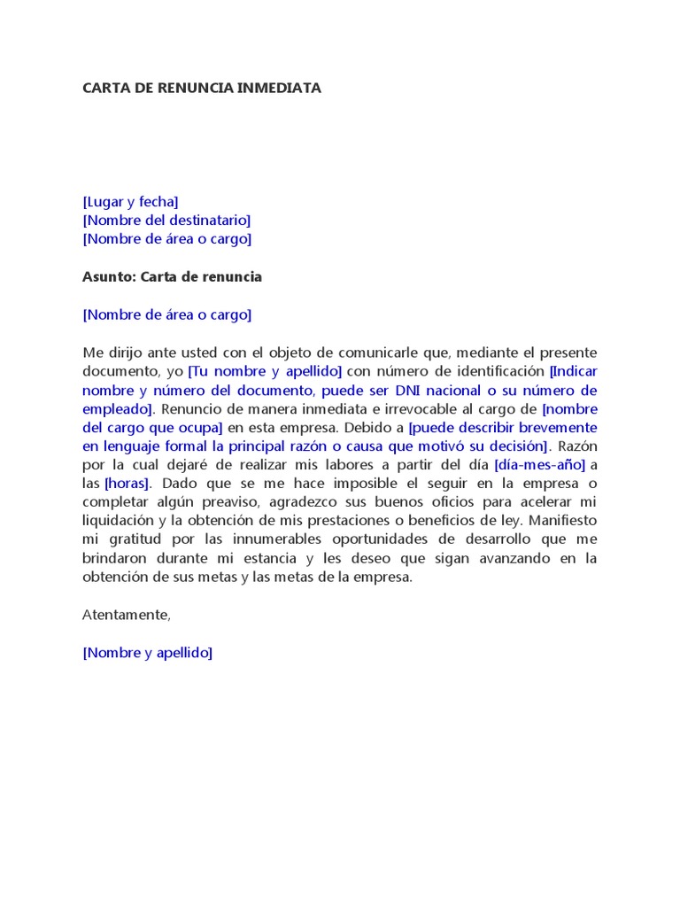 Carta de Renuncia Inmediata | PDF