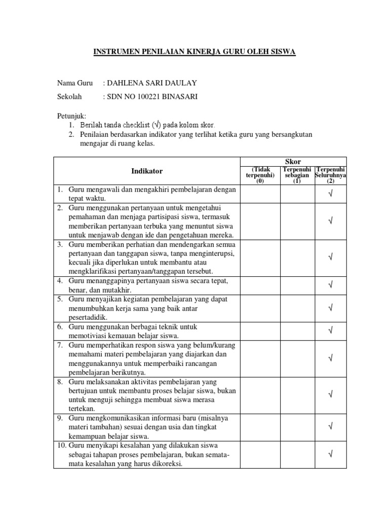 Instrumen Penilaian Kinerja Guru Oleh Siswa | PDF