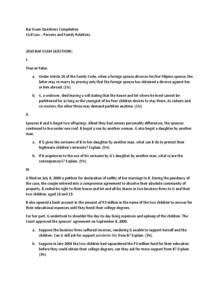 Bar Exam Questions Compilation - Civil Law (PFR) | PDF | Annulment ...