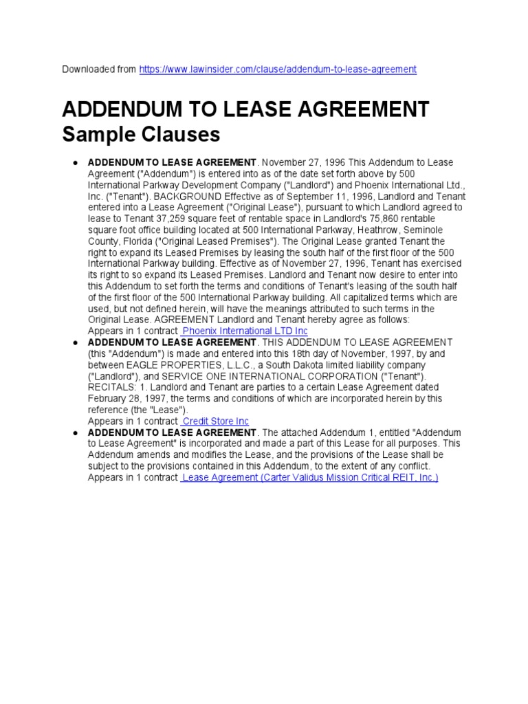 Law Insider Addendum To Lease Agreement Clause | PDF | Lease ...