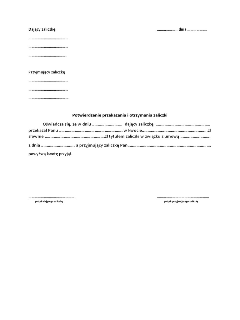 Oświadczenie o Przekazaniu Zaliczki | PDF