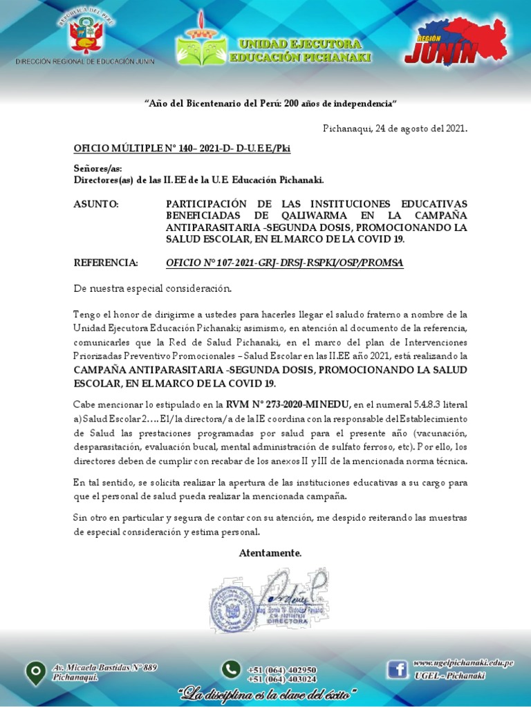 De Nuestra Especial Consideración.: Oficio #107-2021-Grj-Drsj-Rspki/Osp/Promsa | PDF | Educación ...