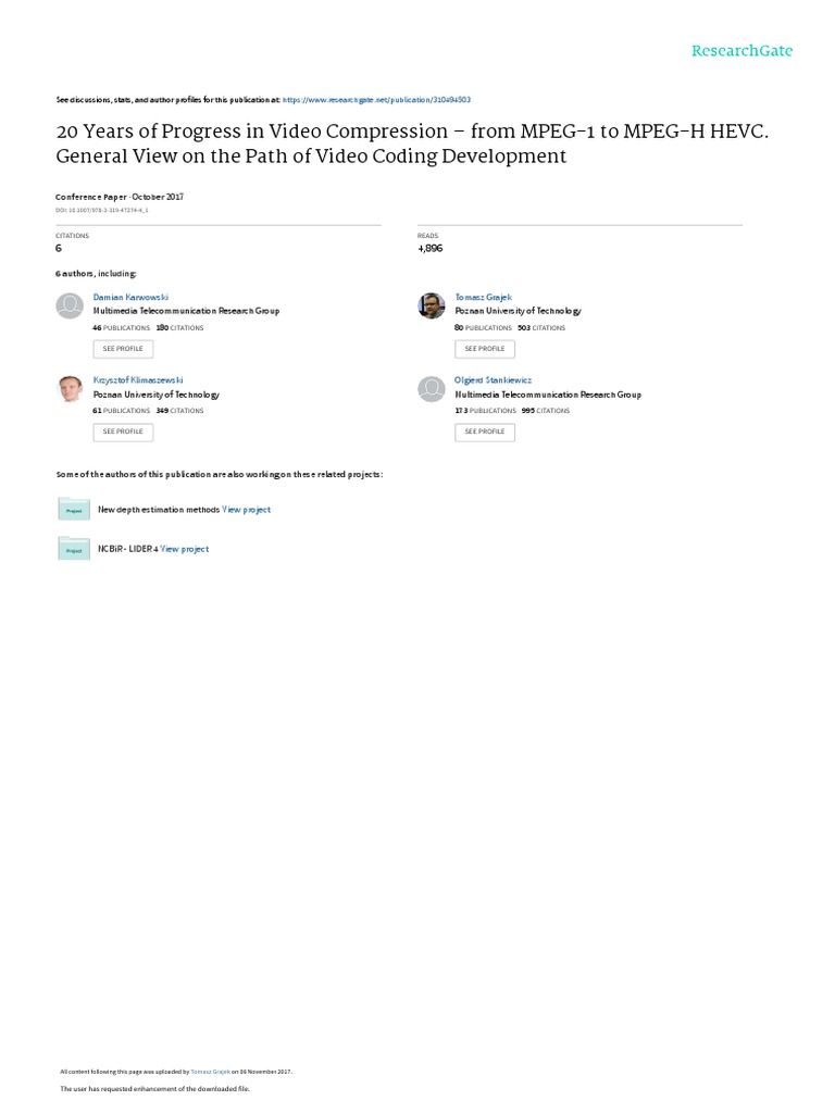 20 Years of Progress in Video Compression - From MPEG-1 To MPEG-H HEVC. General View On The Path ...