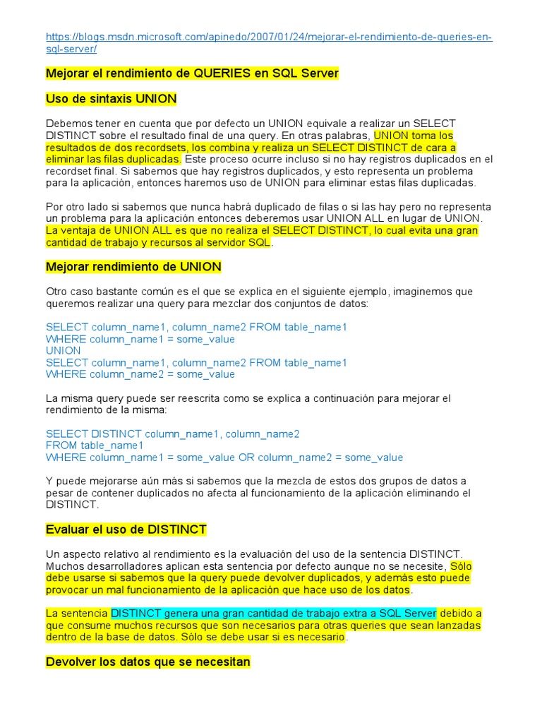 Mejorar El Rendimiento de QUERIES en SQL Server | PDF | SQL | Servidor ...