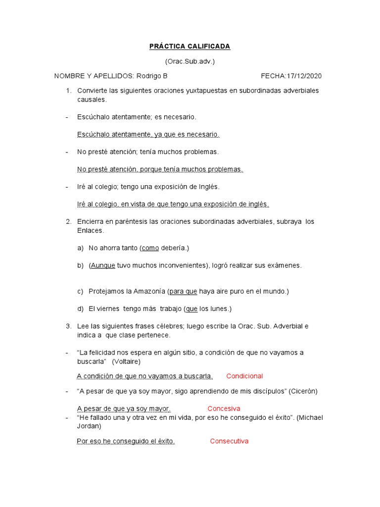 Práct Calif Sub Adv 5to Sec | PDF | Oración (Lingüística)
