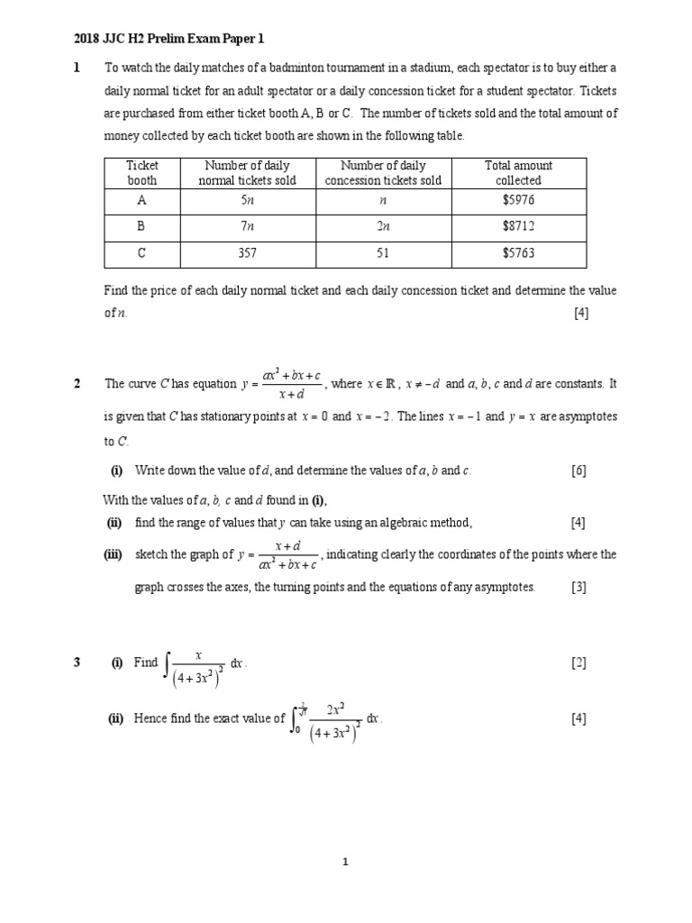 2018 JJC H2 Math Prelim Exam Solutions | PDF | Sphere | Equations