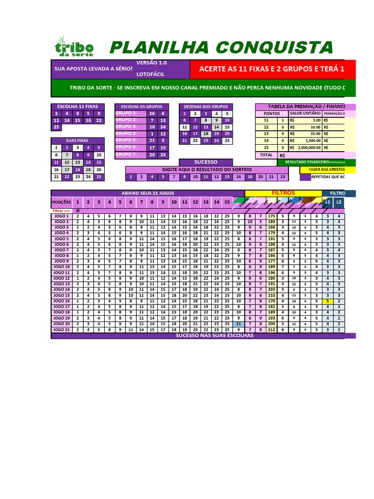Plan Conquista 25 DZ 7 Grupos 14 e 15 Pontos Lotofácil Tribo Da Sorte v01 | PDF