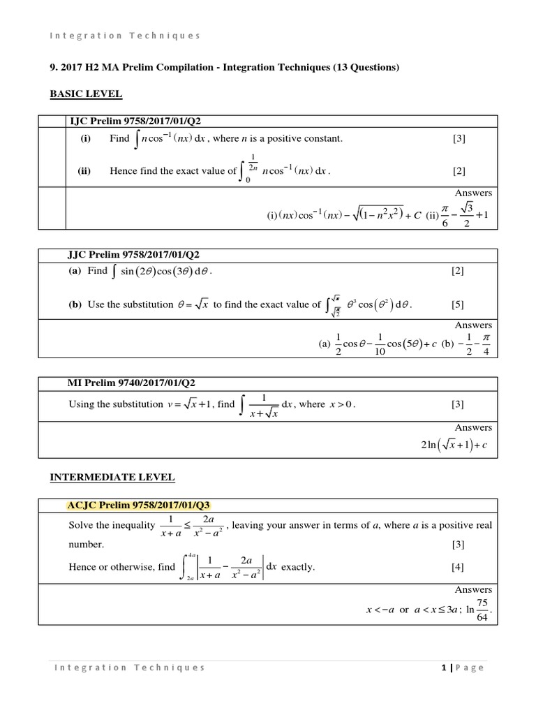 2017 H2 Prelim (Integration Techniques) | PDF | Integral | Trigonometric Functions