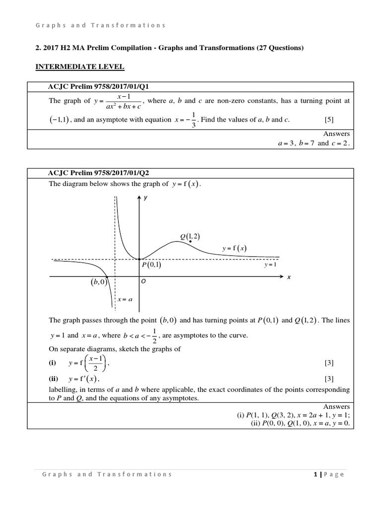 2017 H2 Prelim Graphs And Transformations Pdf Asymptote Cartesian Coordinate System 