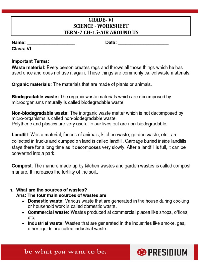Grade-Vi Science - Worksheet Term-2 Ch-15-Air Around Us | PDF | Waste ...
