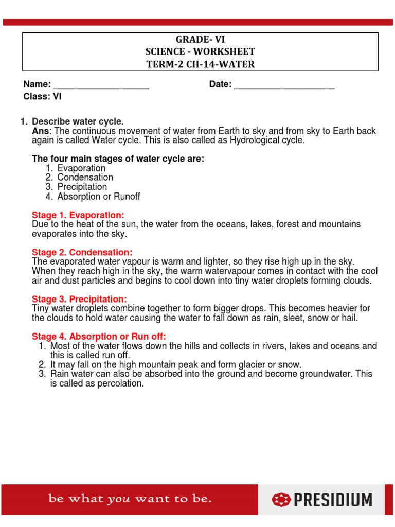 Water Cycle Worksheet for Grade 6 | PDF | Water Cycle | Water