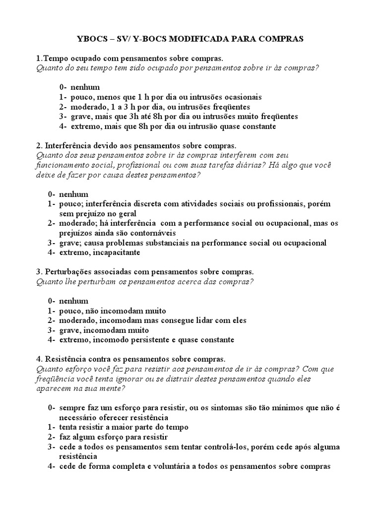 YBOCS-SV (Escala) | Download grátis PDF | Transtorno obsessivo ...