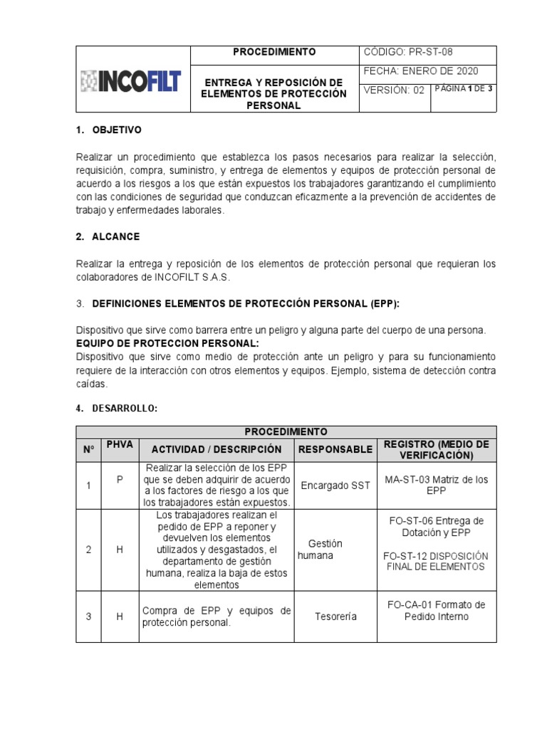 PR-ST-08 Procedimiento Entrega y Reposición de EPP V02 | PDF | Tecnología