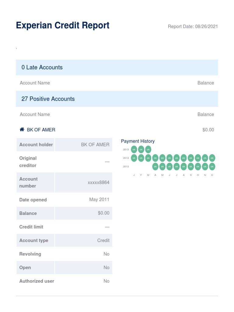 Experian Credit Report: 0 Late Accounts | PDF | Finance & Money ...