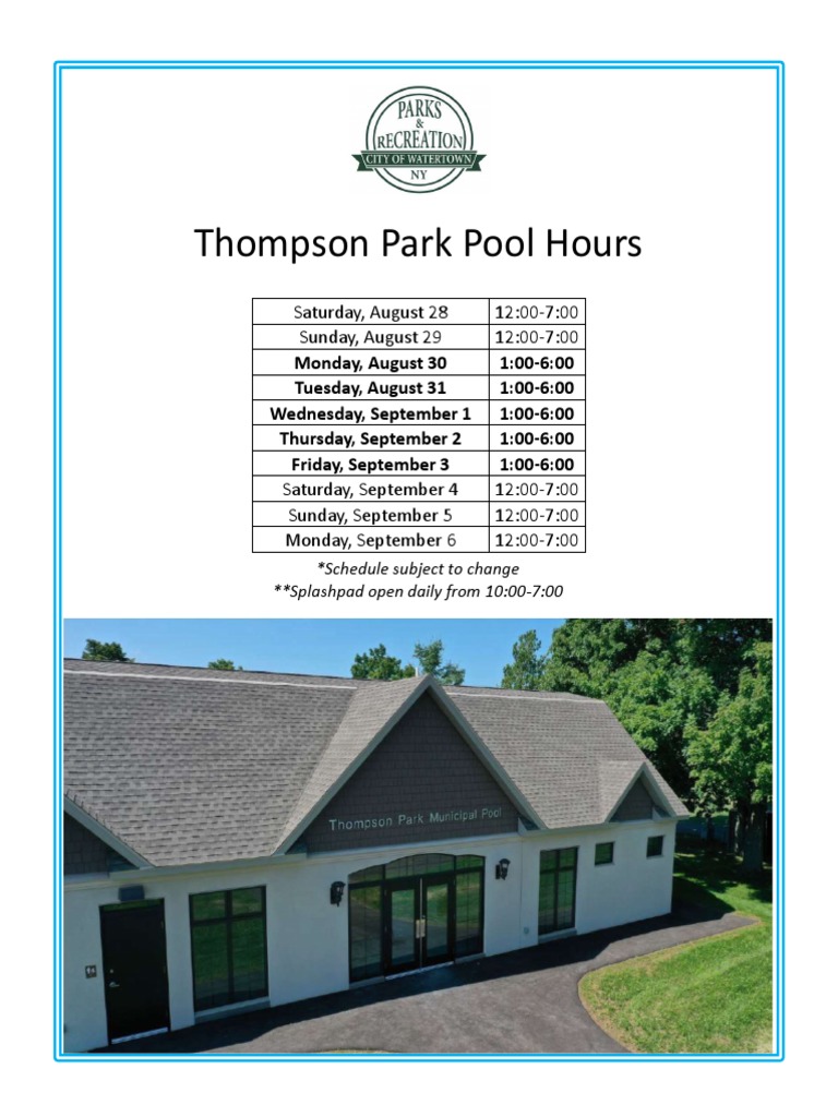 Thompson Park Swimming Pool Hours | PDF
