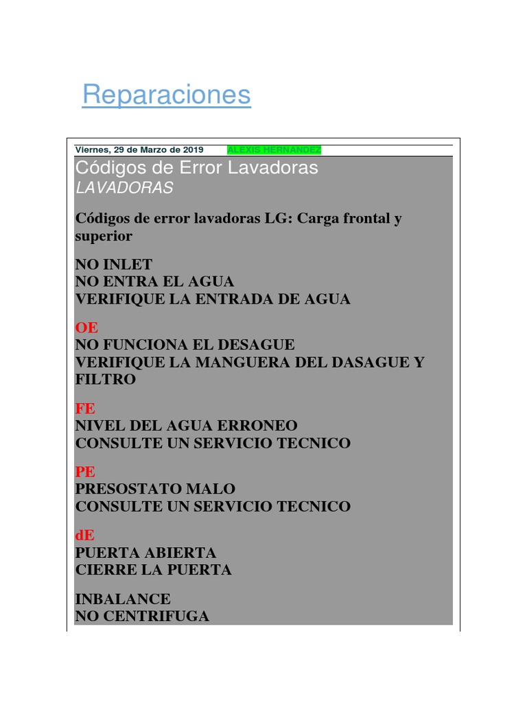 Códigos de Errores de Varias Tipos de Lavadoras | PDF | Lavadora | Horno