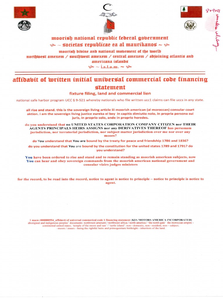 Affidavit of Written Initial Universal Commercial Code Financing ...