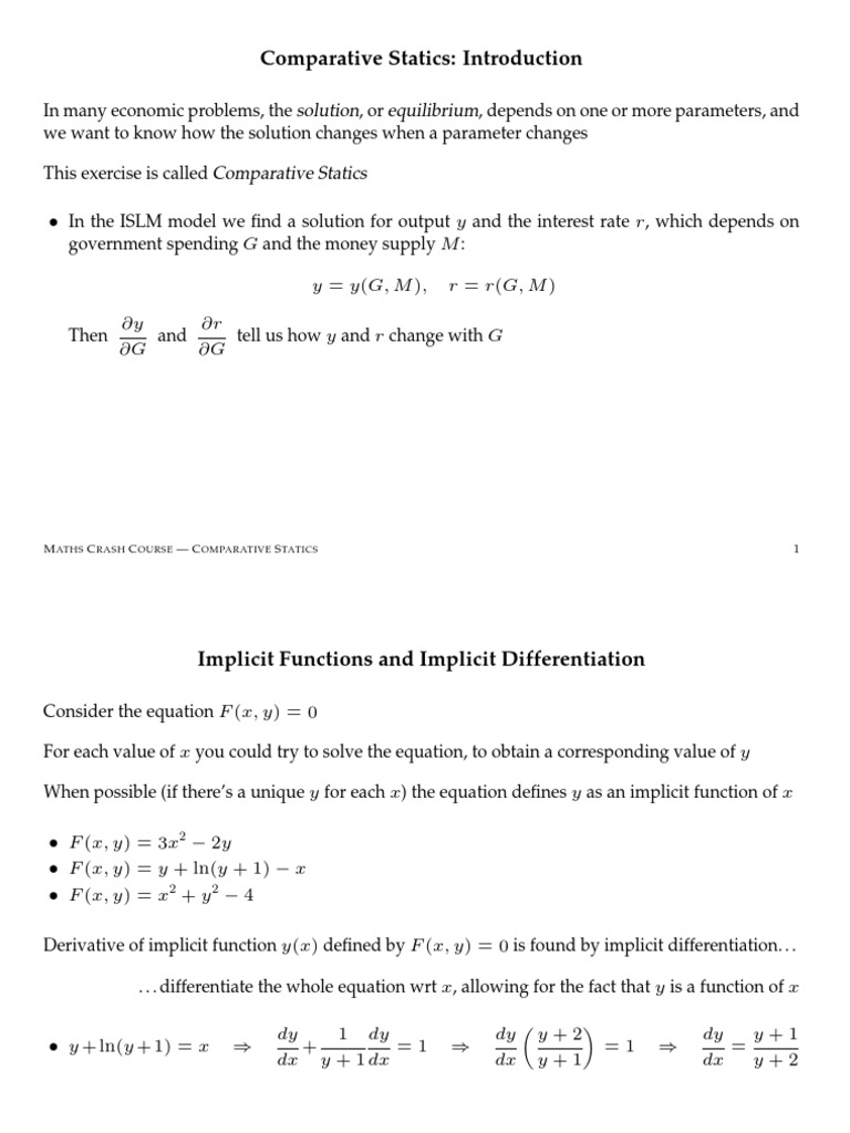 Comparative Statics: Introduction: M C C - C S 1 | PDF | Mathematical Analysis | Subtraction