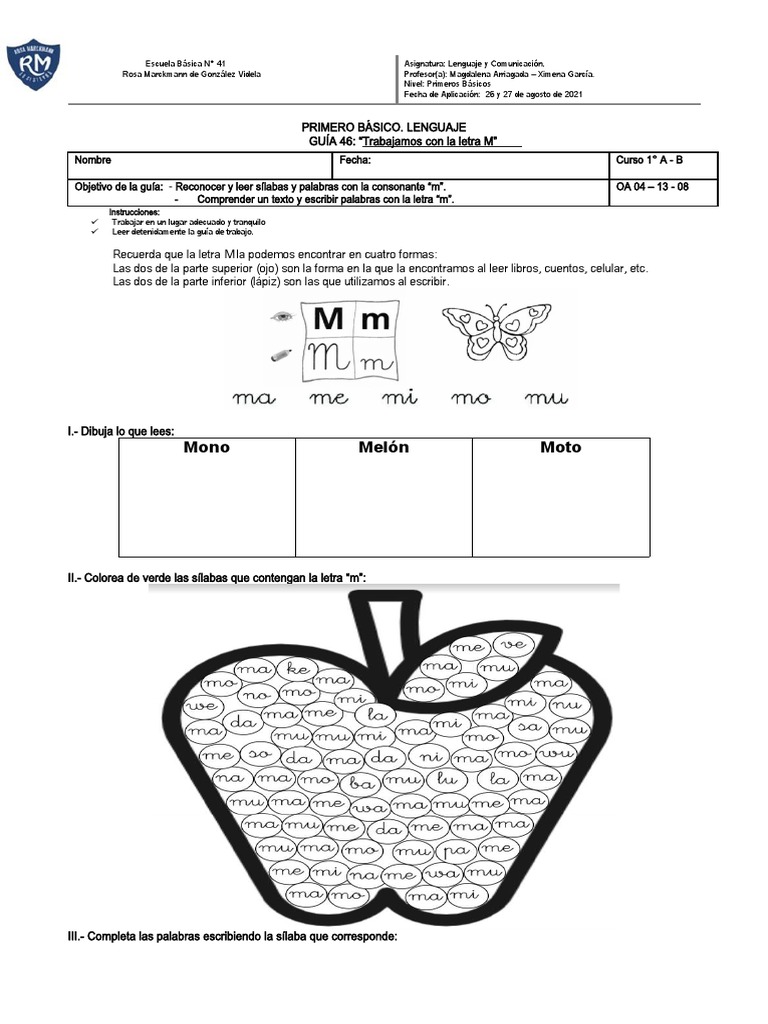 Guía 46 de Lenguaje Trabajemos Con La Letra M | PDF