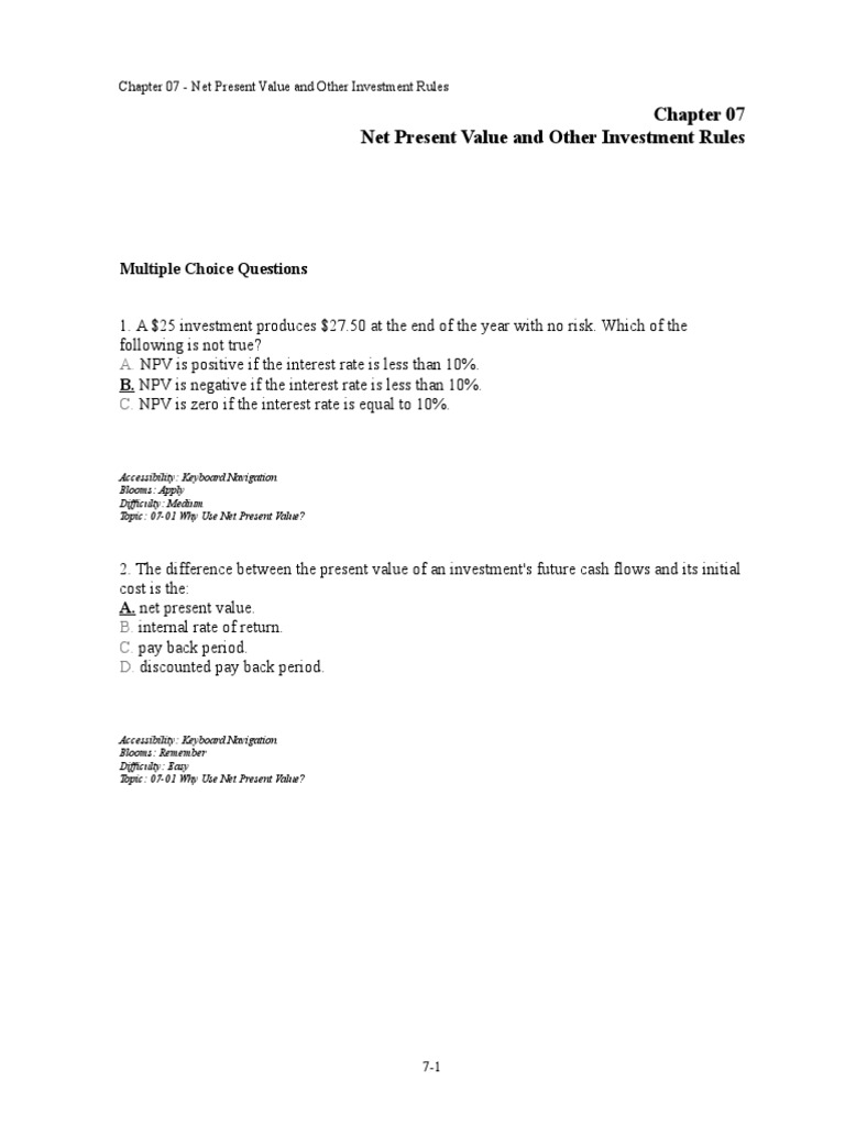 Net Present Value and Other Investment Rules: Multiple Choice Questions ...