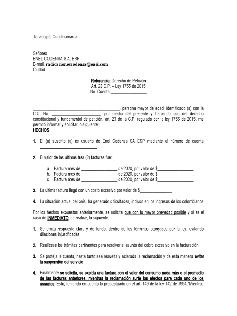 Formato Derecho de Peticion Enel Codensa Sa Esp | PDF | Gobierno