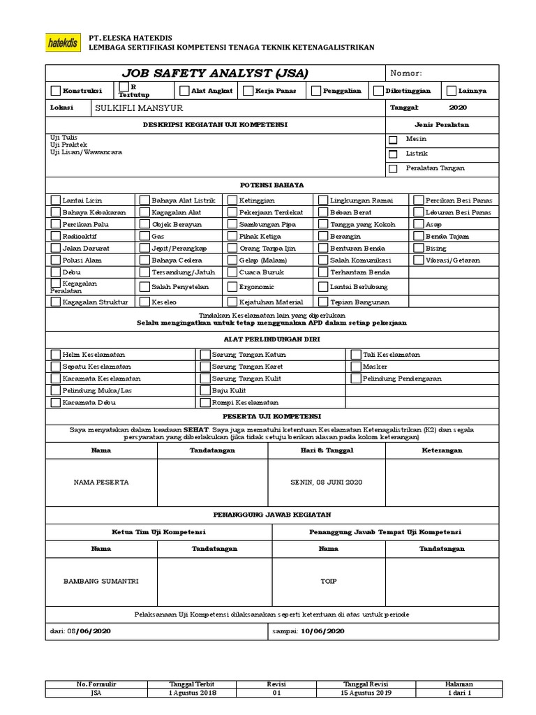 Job Safety Analyst (Jsa) : Nomor | PDF