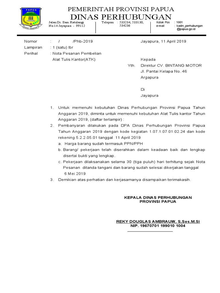 Nota Pesanan ATK Dinas Perhubungan Papua | PDF