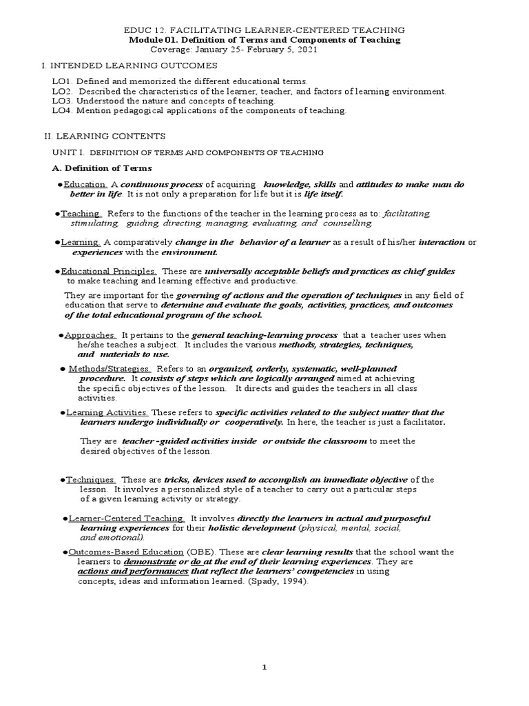 MODULE 01. Definition of Terms and Components of Teaching | PDF ...