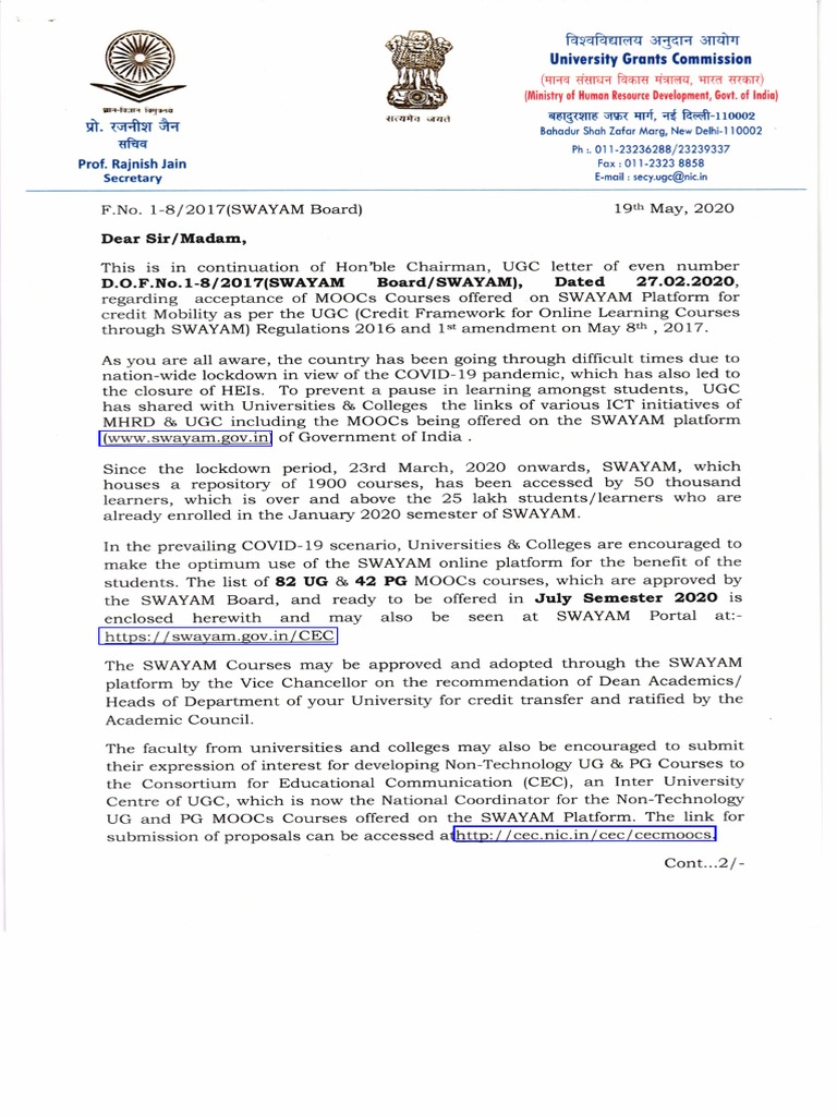 Swayam Letter To All VCs | PDF