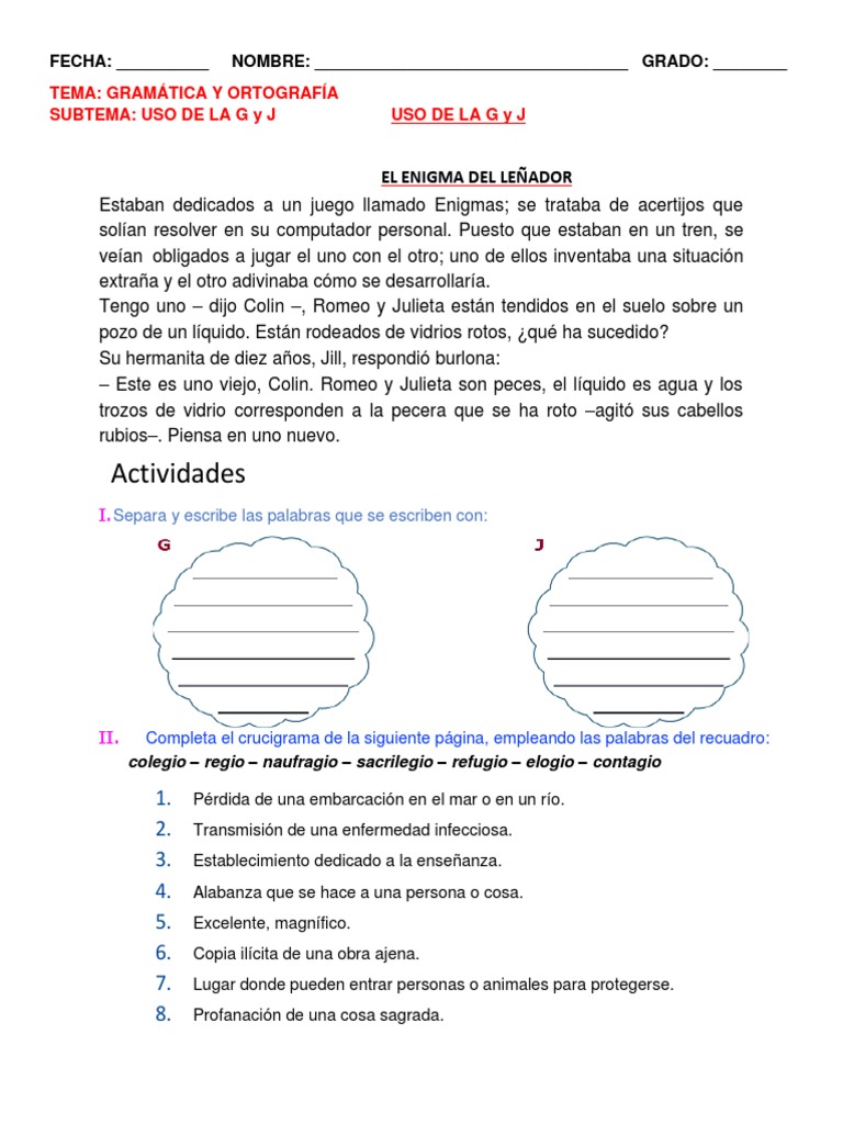 Taller Uso de La G y J Grado 4 | PDF