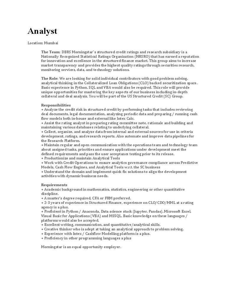 Analyst Role in Structured Credit Ratings and Research with Focus on ...