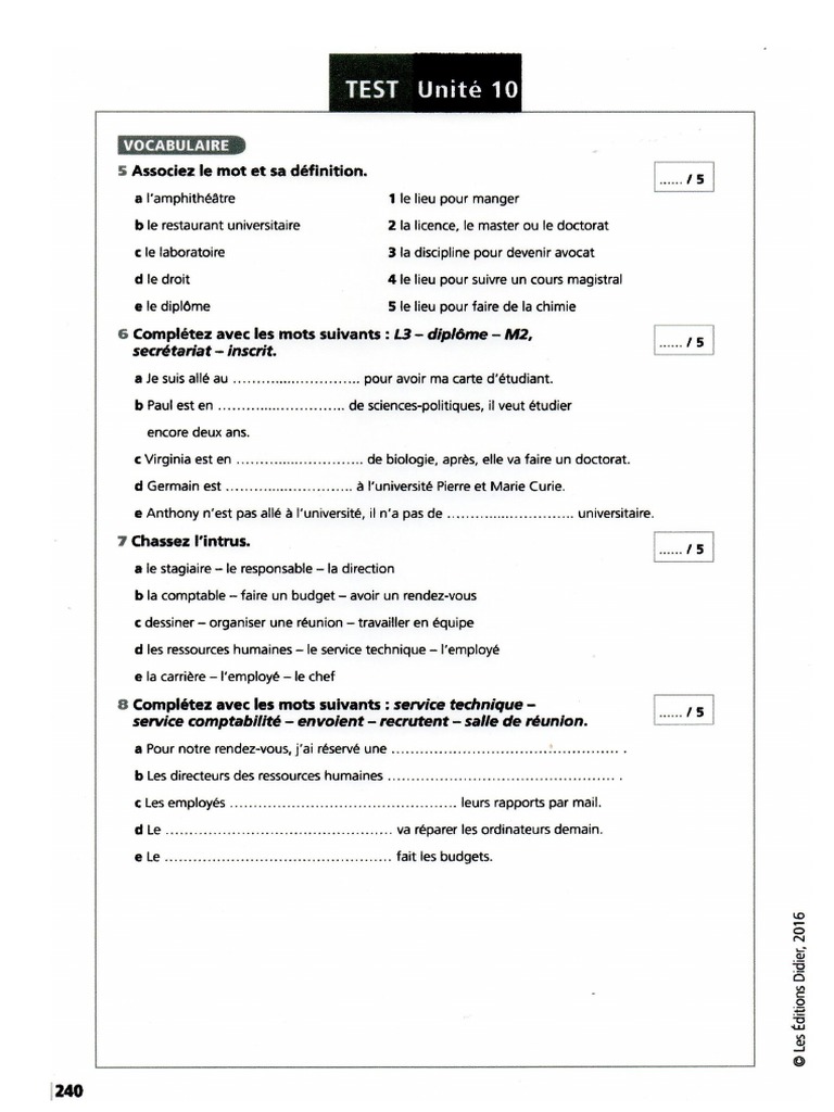 Test Unité 10 - Edito A1 | PDF