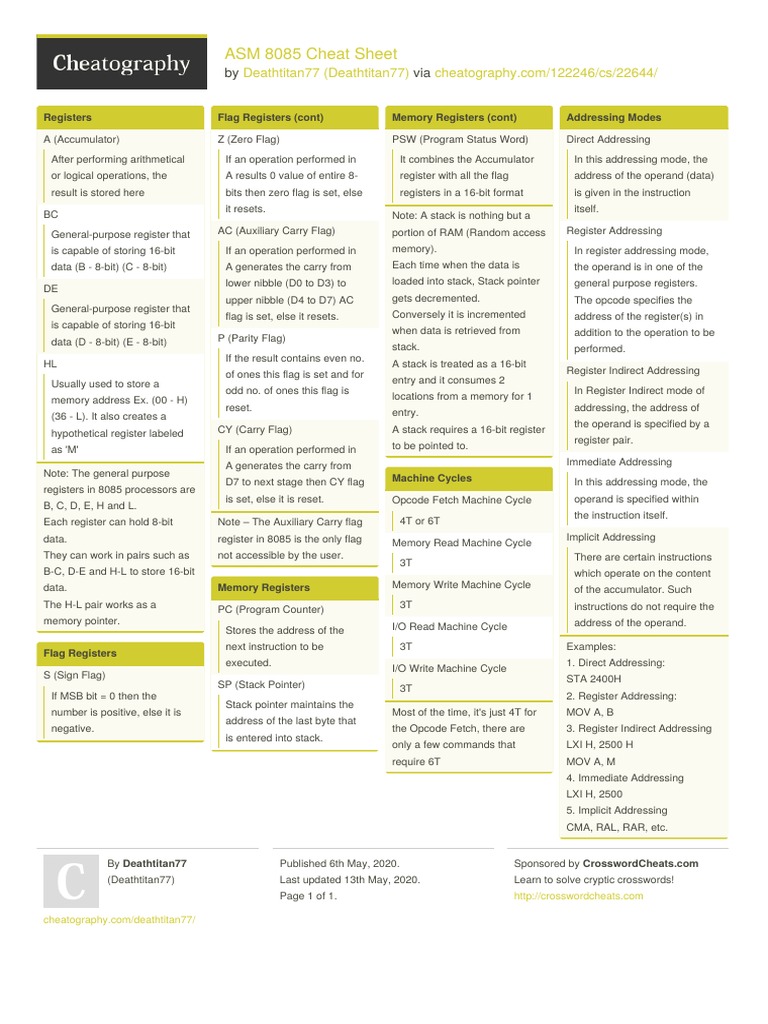 ASM 8085 Cheat Sheet: by Via | PDF | Electronic Design | Integrated Circuit