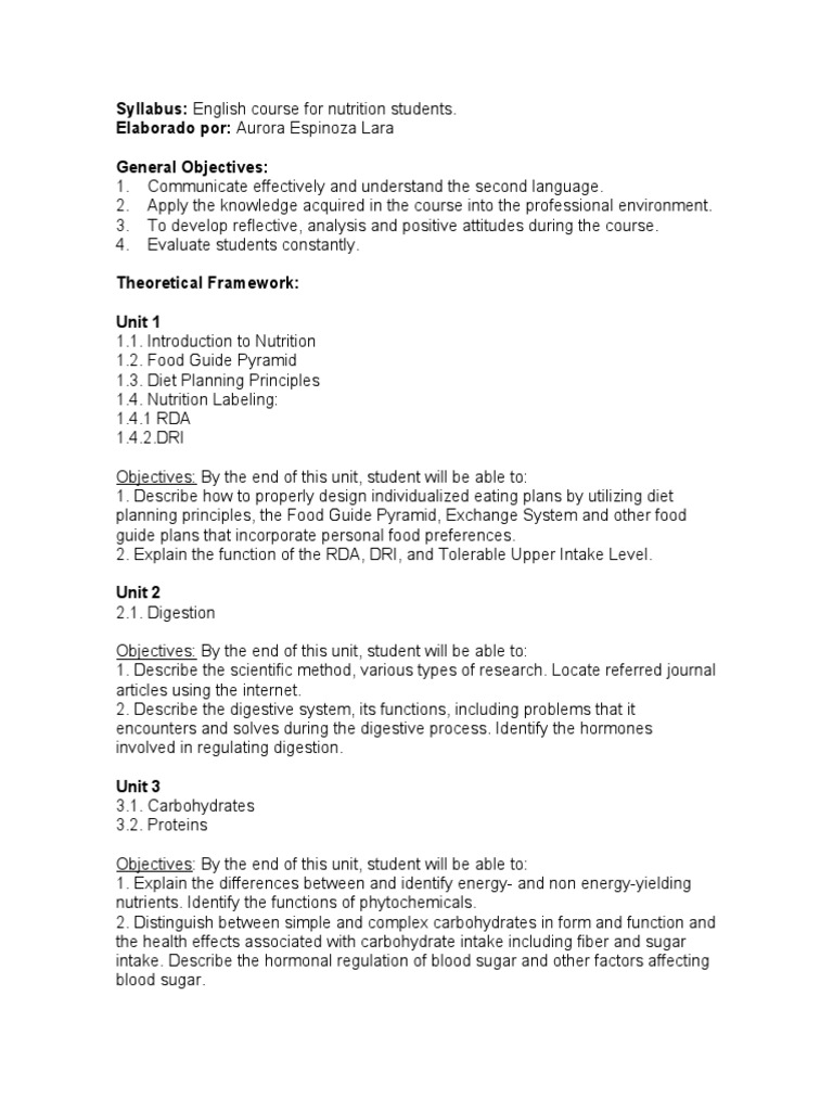 Syllabus: English Course For Nutrition Students. Elaborado Por: Aurora ...