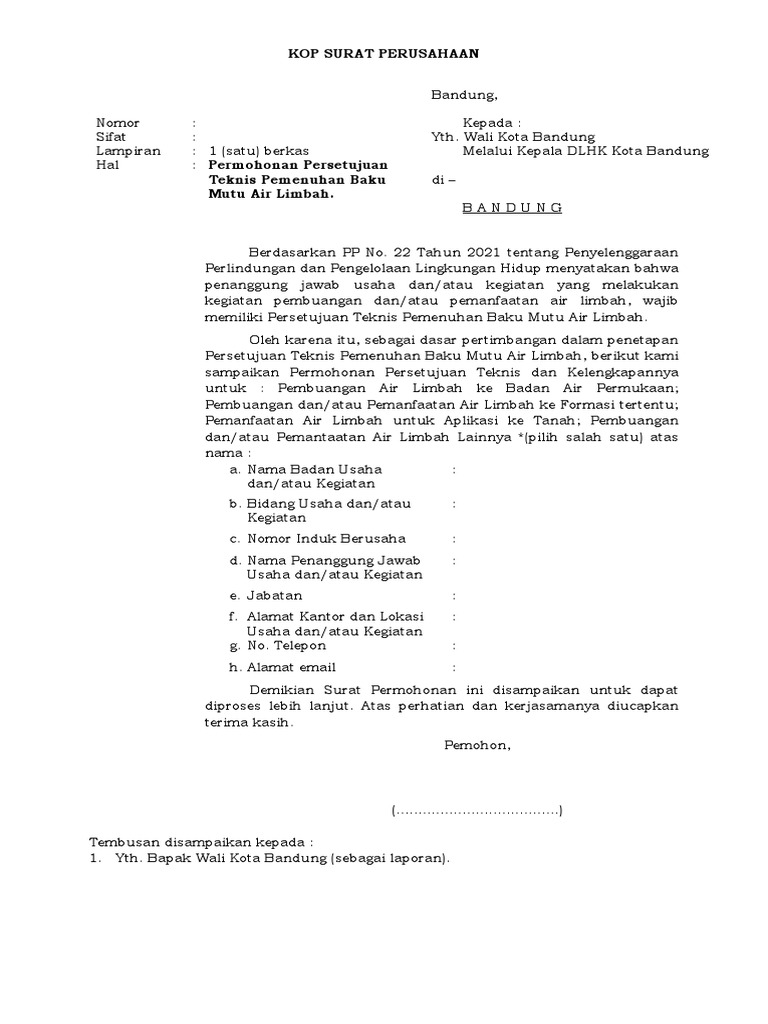 Form Surat Permohonan Pertek Air Limbah | PDF