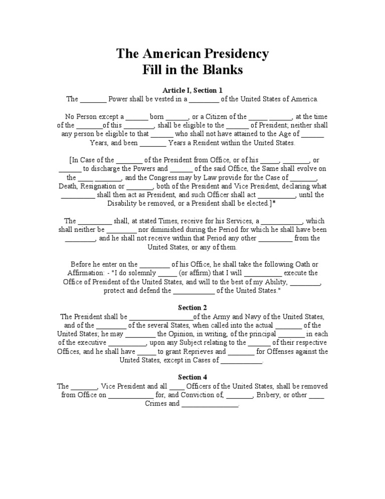 The American Presidency Fill in The Blanks | PDF | Presidents Of The ...