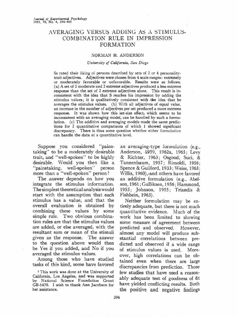 Anderson, N. H. - Averaging Versus Adding As A Stimulus-Combination Rule in Impression Formation ...